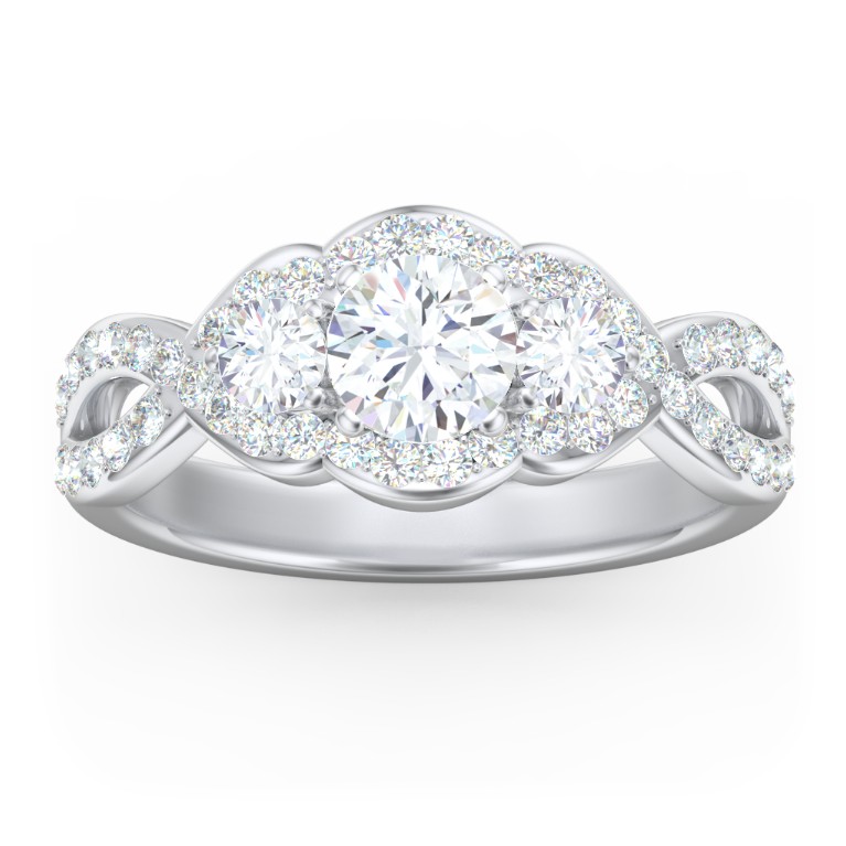 Halo 3-Stone Diamond Engagement Ring with Accented Twisted Band | Jewlr
