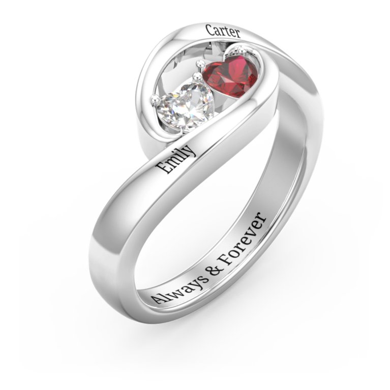 Engravable Double Heart Gemstone Wave Ring | Jewlr
