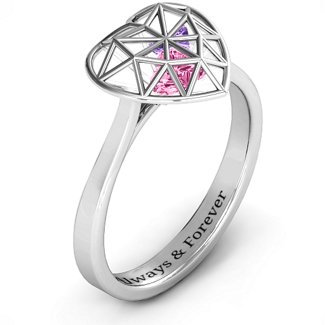 Diamond Heart Cage Ring With Encased Heart Stones | Jewlr