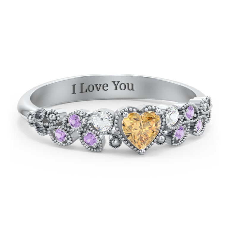 Heart Cut Gemstone Ring with Milgrain and Leaf Detailing | Jewlr