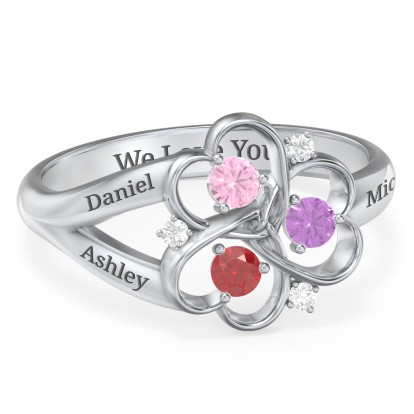 Engravable Intertwined Triple Heart Ring with Gemstones | Jewlr