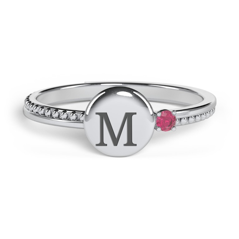 Engravable Disc Ring with Gemstone and Beaded Band | Jewlr
