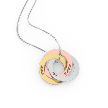Engraved Tri Color Interlocking Russian Rings Necklace | Jewlr